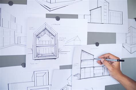 건축가 설계 엔지니어 스케치 드로잉 초안 작업 원근 스케치 설계 주택 건설 프로젝트 개념에 대한 스톡 사진 및 기타 이미지 개념 건설 산업 건설업자 Istock