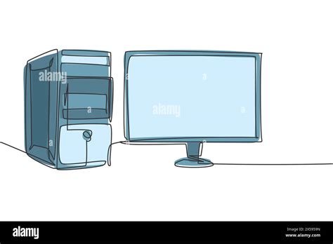 Single Continuous Line Drawing Of Cpu Computer Unit And Screen Monitor For Company Electronic