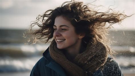 Premium Ai Image Young Women Feel The Cold Wind On The Beach