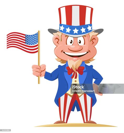 Uncle Sam Hält Die Amerikanische Flagge Cartoonstil Vektorillustration