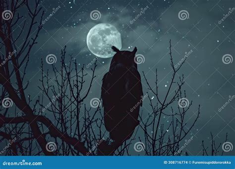 A Wise Owl Merged With The Silhouette Of A Full Moon Against A Starry