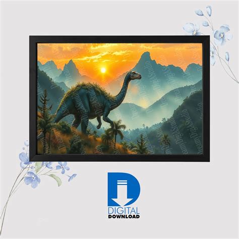 Brontosaurus Sunset Classical Dinosaur Wall Art Vintage Oil