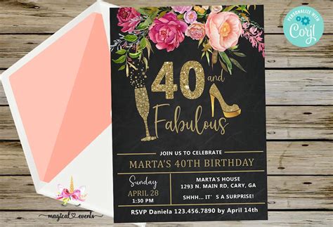 40 And Fabulous Birthday Invitation Pink Flowers Gold Glitter Invite