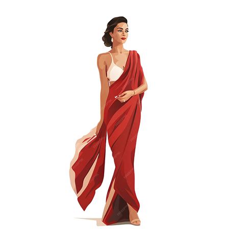 색 바탕에 고립된 빨간 사리 ⁇ 터 일러스트레이션의 인도 여성 프리미엄 사진