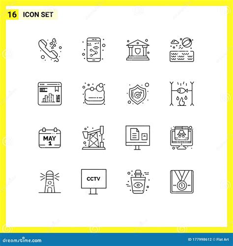 Set Of 16 Vector Outlines On Grid For Data Park Wifi Water Shield Stock Vector