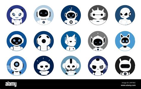 Cute Robots Avatars Set Chat Bot Heads With Different Expressions On