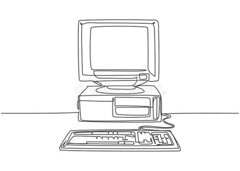 Single Continuous Line Drawing Of Retro Old Classic Personal Computer