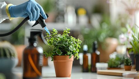 Lab Expert Spraying Chemical Liquid Plant Pot By Syringe Ecological