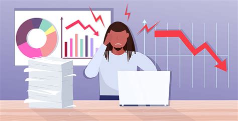과로 한 사업가 를 사용 하 여 노트북 분석 하향 그래프 차트 경제 화살표 아래로 떨어지는 금융 위기 파산 서류 개념 초상화 수평 가공의 인물에 대한 스톡 벡터 아트 및
