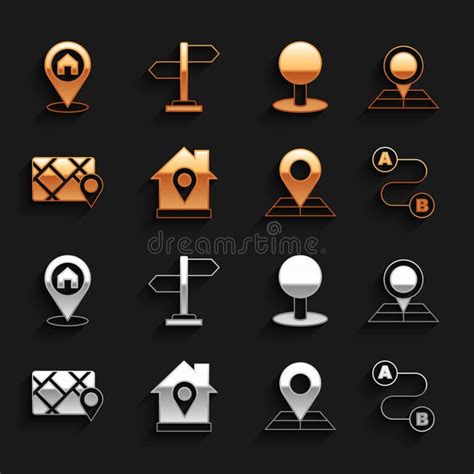 Set Location With House Folded Map Location Marker Route Gps Device Push Pin And Road