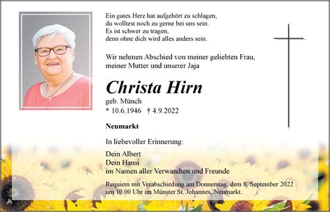 Traueranzeigen Von Christa Hirn Mittelbayerische Trauer