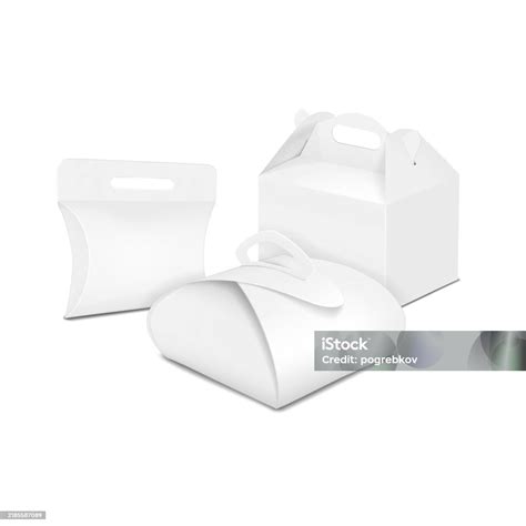 판지 베개 상자 직사각형 박공 상자 손잡이가 있는 십자가 접힌 둥근 상자 3d 모형 세트 백색 빈 판지 포장 사실적인 벡터 모형 마분지 선물 부대 장비 디자인용 템플릿 3