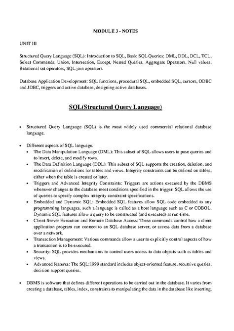Module 3 Notes Module 3 For Dbms Module 3 Notes Unit Iii Structured Query Language Sql