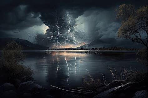 Dramatic Thunderstorm With Lightning Striking In The Distance Stock Illustration Illustration