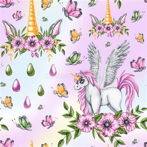 Watercolor Pattern With Unicorns On A Rainbow Background Stock