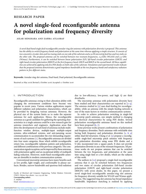 Pdf A Novel Single Feed Reconfigurable Antenna For Polarization And Frequency Diversity
