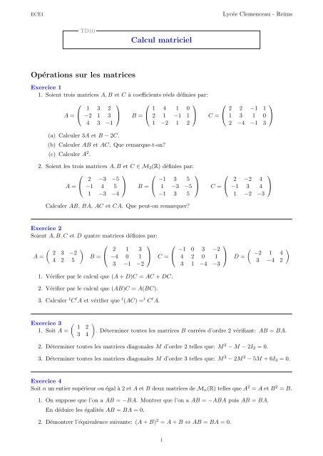 Calcul Matriciel Opérations Sur Les Matrices