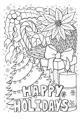 성인과 어린이를 위한 손으로 그린 안티 스트레스 색칠 공부 해피 홀리데이 정신 건강 휴식을 위한 아늑한 크리스마스 개체가 있는 겨울 휴가 테마 색칠 공부 페이지 색칠하기에