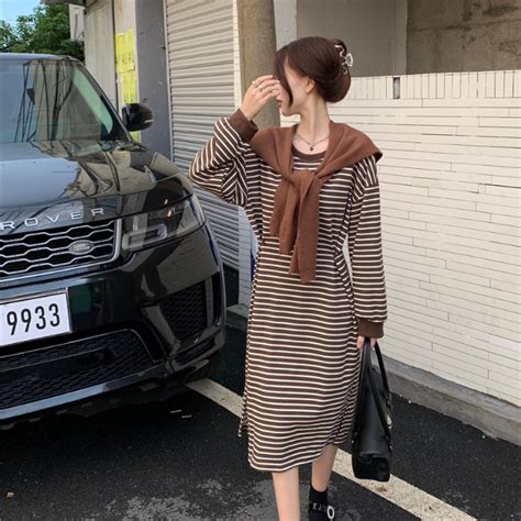 가을신상투피스데이트룩 라운드 넥 긴팔 스트라이프 롱 원피스니트 숄 투피스 세트 캠퍼스룩 여행룩 소풍룩 오피스룩