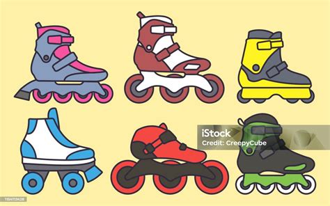 인라인 롤러 스케이트 컬러 아이콘의 집합입니다 벡터 일러스트 개체 그룹에 대한 스톡 벡터 아트 및 기타 이미지 개체 그룹