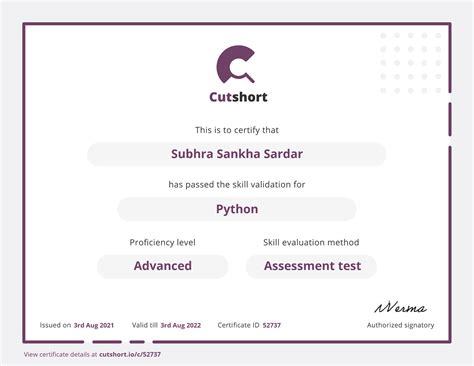 Subhras Skill Certificate For Python Cutshort