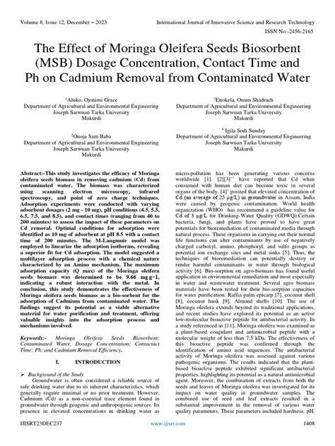 The Effect Of Moringa Oleifera Seeds Biosorbent Msb Dosage Concentration Contact Time And Ph