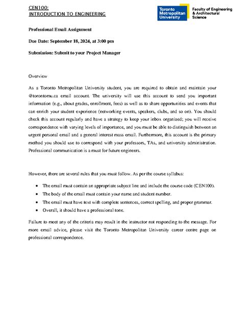 Email Assignment Fall2024 Introduction To Engineering Professional Email Assignment Due Date