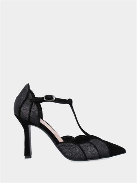 Décolleté T Bar In Camoscio Nero Con Tacco A Coda E Tomaia Glitter A Spicchi Guja Calzature