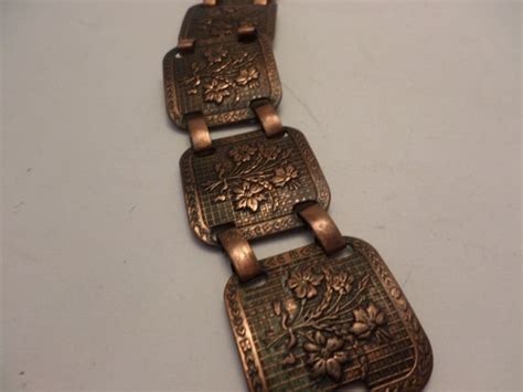Beautiful Vintage Linked Copper Bracelet 50s Floral Gem