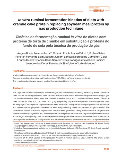 Pdf In Vitro Ruminal Fermentation Kinetics Of Diets With Protein Crambe Cake Replacing Soybean
