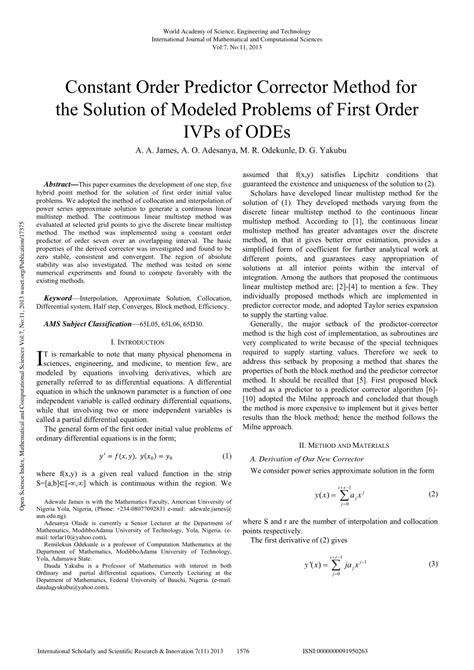 Pdf Constant Order Predictor Corrector Method For The Solution Of Modeled Problems Of First