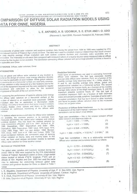 Pdf Comparison Of Diffuse Solar Radiation Models Using Data For Onne