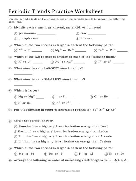 Periodic Trends Practice Worksheet With Answers Pdf
