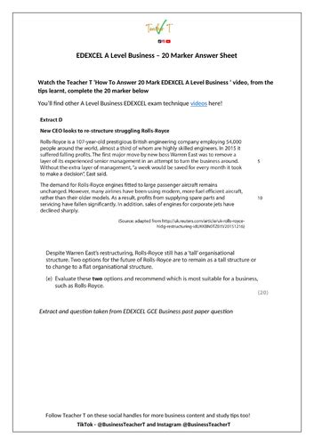 Edexcel A Level Business 20 Mark Essay Practice Teaching Resources