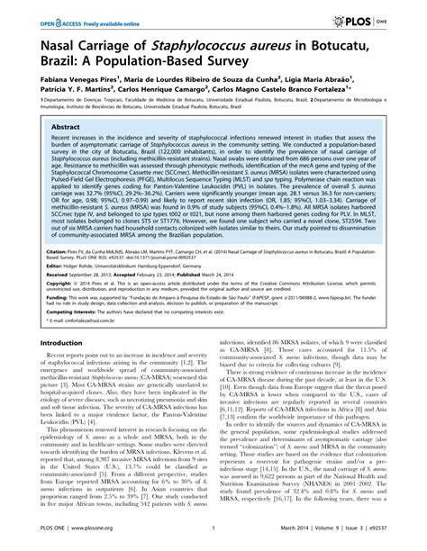 Pdf Nasal Carriage Of Staphylococcus Aureus In Botucatu Brazil A Population Based Survey