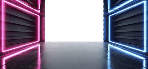 네온 레이저 형광 보라색 블루 미래의 차고 쇼 룸 터널 복도 콘크리트 금속 그런 지 반사 빈 공간 화이트 글로우 쇼케이스 무대 지하철 입구 3d 렌더링 0명에 대한 스톡