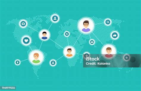 소셜 미디어 및 네트워크 연결 지도 개념입니다 세계 커뮤니케이션 사람들 소셜 네트워크 일러스트 개념에 대한 스톡 벡터 아트 및