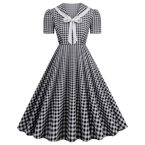 Xflwam Women 50s 60s Vintage Dress V Neck Bow Tie Short Sleeve Plaid