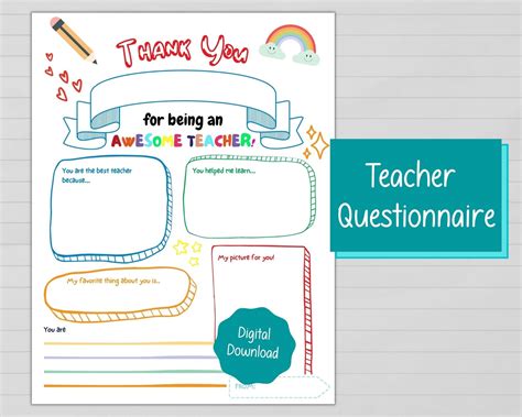 Printable Teacher Appreciation Questionnaire Instant Digital Download