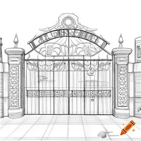 Intricate Ink Drawing Of Grill School Gate With Vidya Peetam Arch