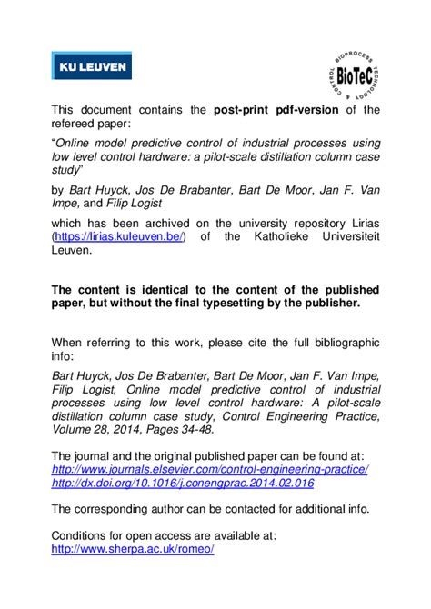 Pdf Online Model Predictive Control Of Industrial Processes Using Low Level Control Hardware