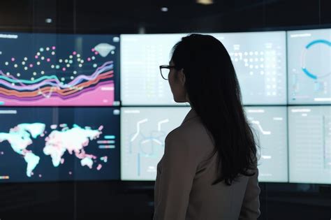 woman analyzing data on multiple large screens in a dimly lit control
