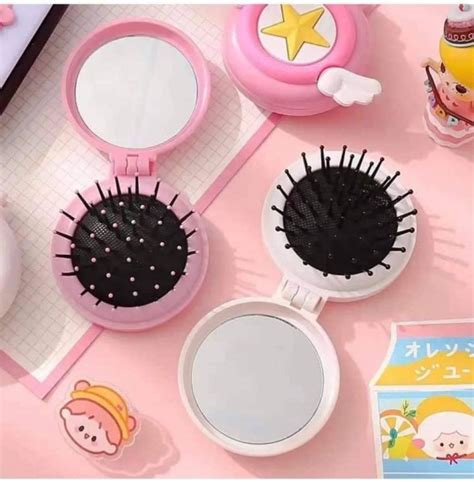 Mini Folding Cute Hair Brush With Compact Makeup Mirrorportable Pocket