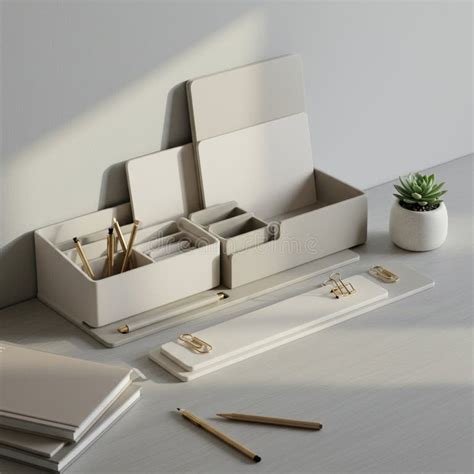 A Neatly Organized Desk Setup With Beige Stationery Organizers Holding
