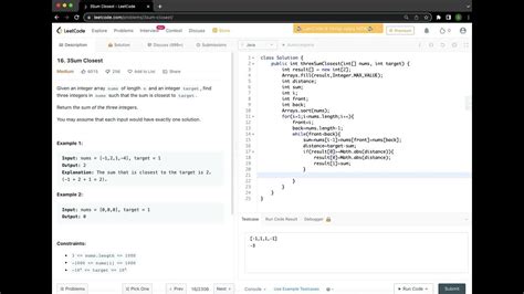 3sum Closest Leetcode Question Solution In Java Youtube