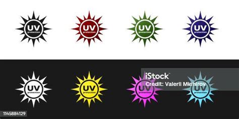 흑백 배경에 고립 된 Uv 보호 아이콘을 설정 합니다 울트라 바이올렛 광선 방사선 Spf 태양 기호입니다 벡터 일러스트 개념에 대한 스톡 벡터 아트 및 기타 이미지 Istock