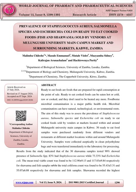 Pdf Prevalence Of Staphylococcus Aureus Salmonella Species And Escherichia Coli On Ready To