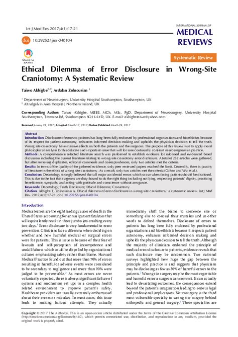 Pdf Ethical Dilemma Of Error Disclosure In Wrong Site Craniotomy A Systematic Review