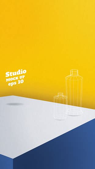 스튜디오 테이블 배경입니다 벡터 디자인의 표시를 위한 노란 Wallmockup를 가진 선명한 파란 제품 표시 블록 제품을 광고하기위한 수직 배너16 9 비율 건설 플랫폼에