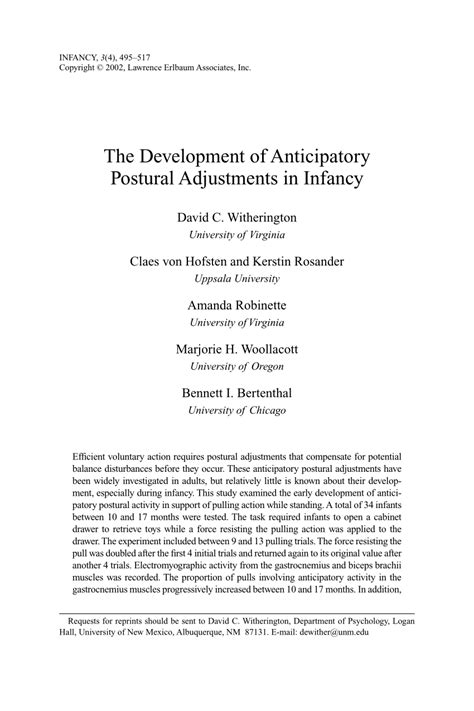Pdf The Development Of Anticipatory Postural Adjustments In Infancy
